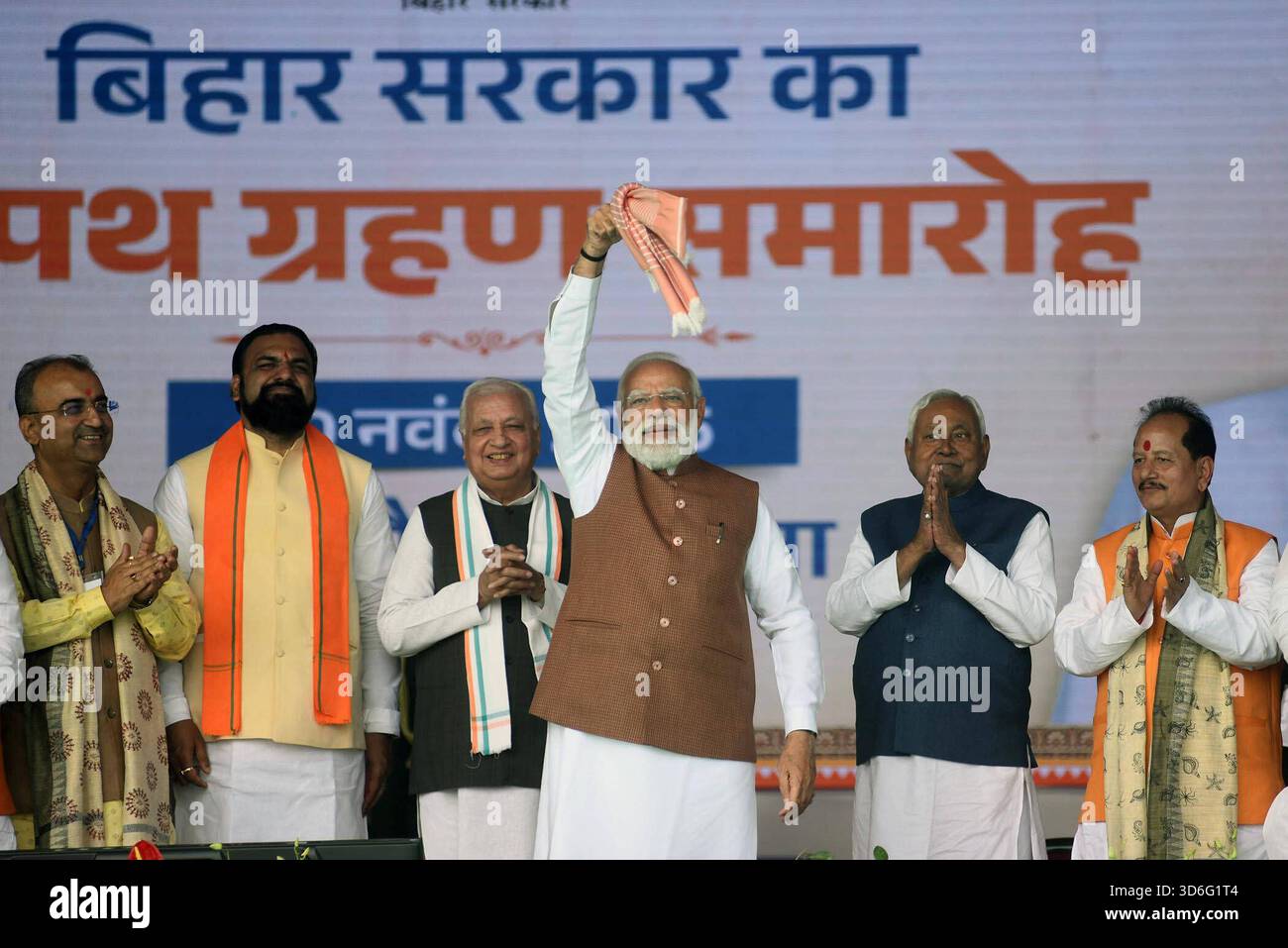 PATNA, INDIA - NOVEMBER 20: Prime Minister Narendra Modi waves Gamcha a ...