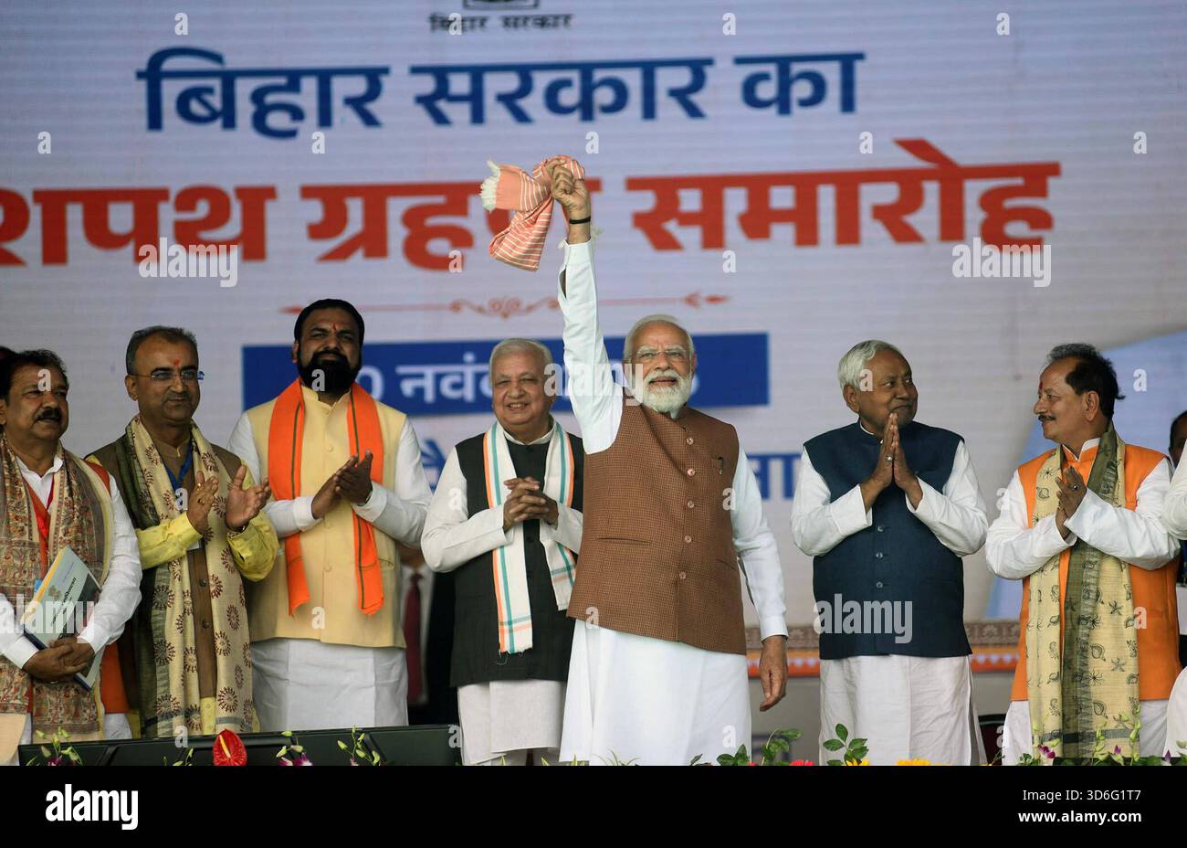 PATNA, INDIA - NOVEMBER 20: Prime Minister Narendra Modi waves Gamcha a ...
