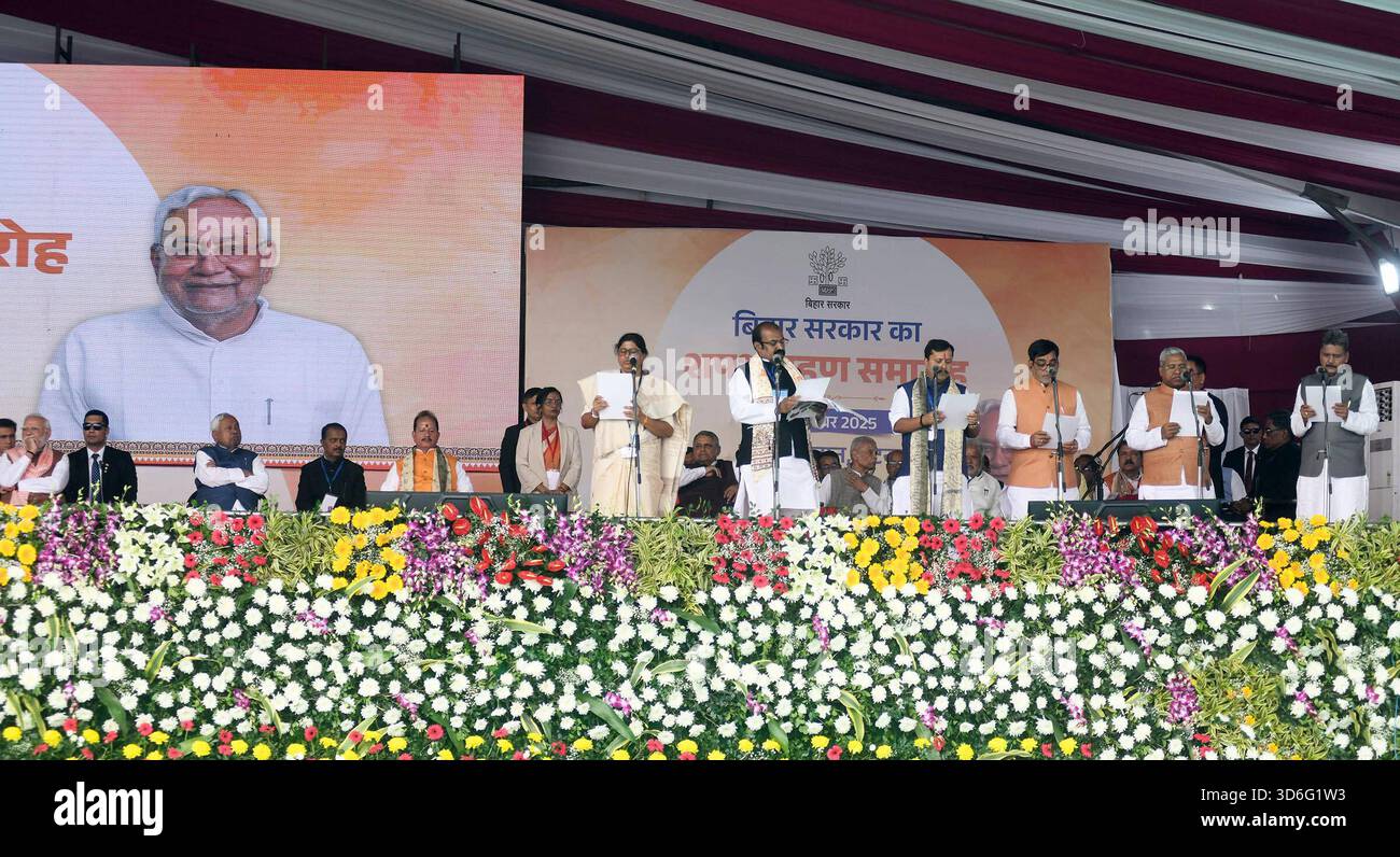 PATNA, INDIA - NOVEMBER 20: From left to right - Newly elected NDA MLAs Lesy Singh, Madan Sahni ...