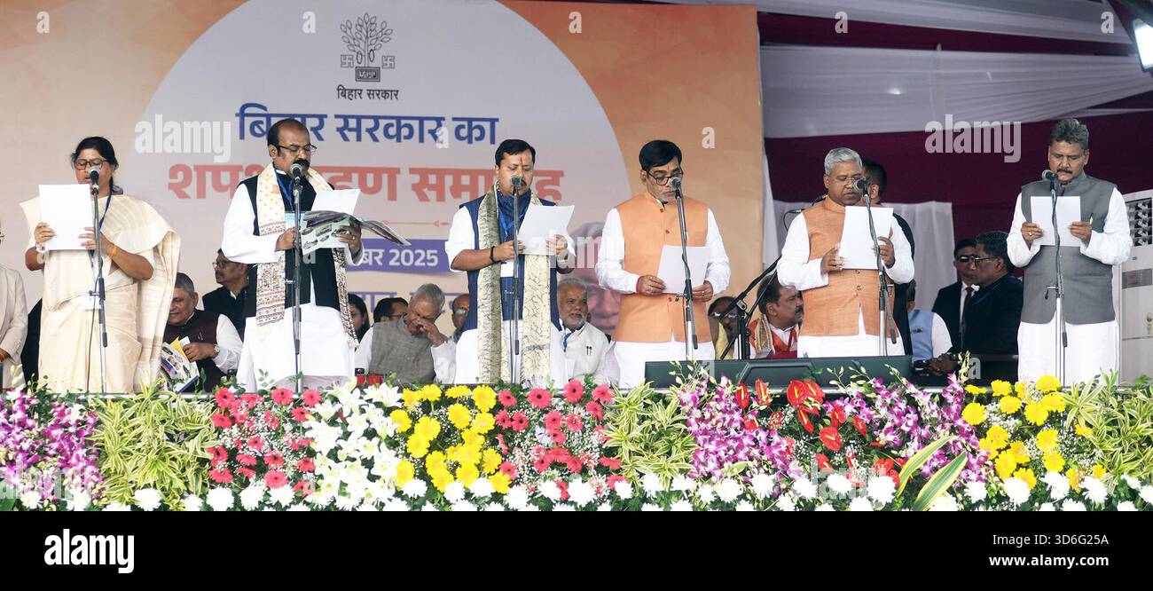 PATNA, INDIA - NOVEMBER 20: From left to right - Newly elected NDA MLAs ...