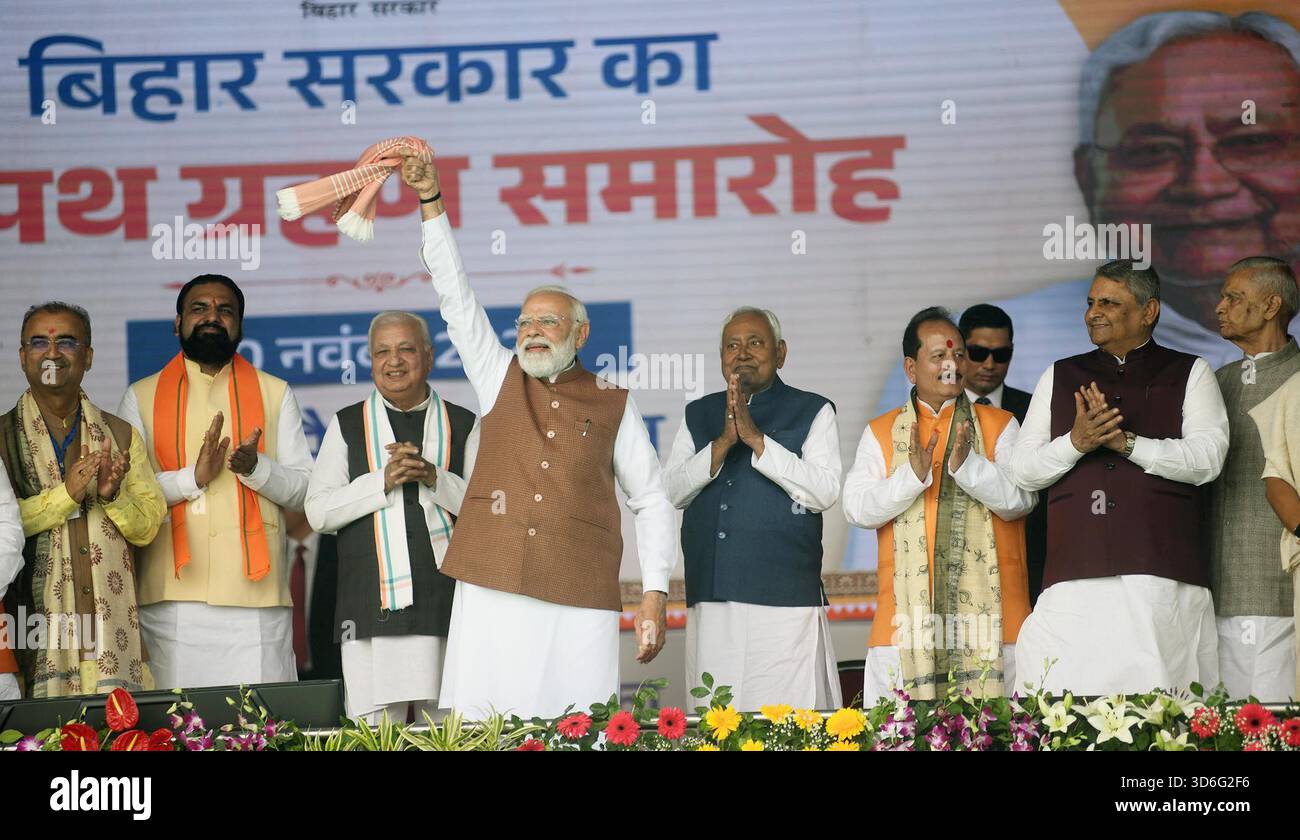 PATNA, INDIA - NOVEMBER 20: Prime Minister Narendra Modi waves Gamcha a ...