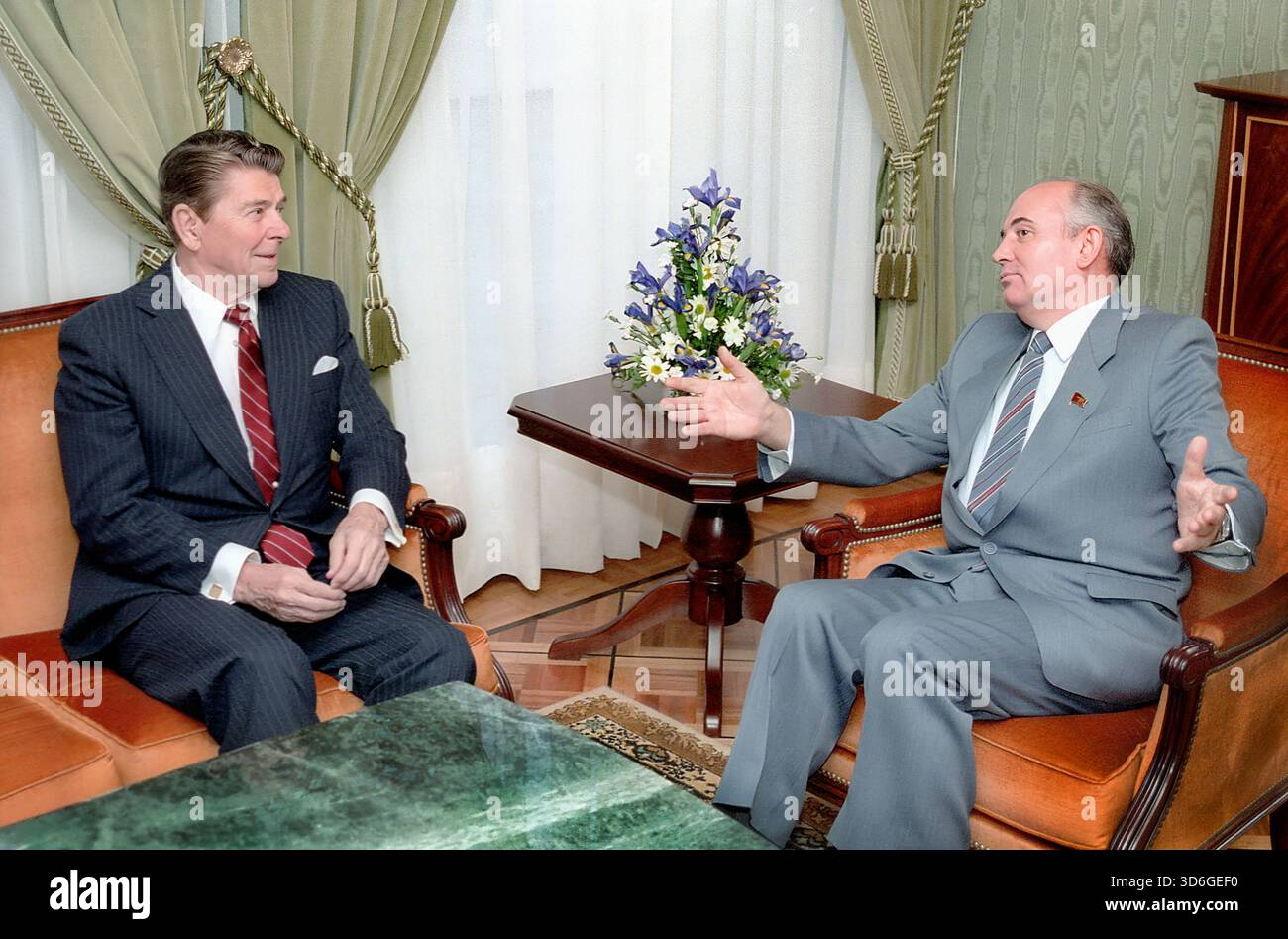 U.S. President Ronald Reagan and Soviet General Secretary Mikhail ...