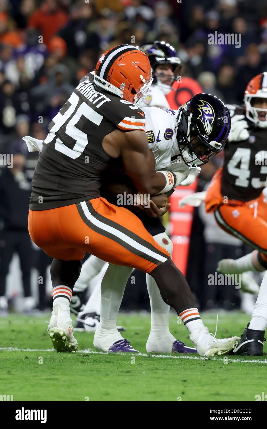 Cleveland Browns defensive end Myles Garrett (95) sacks Baltimore Ravens quarterback Lamar ...