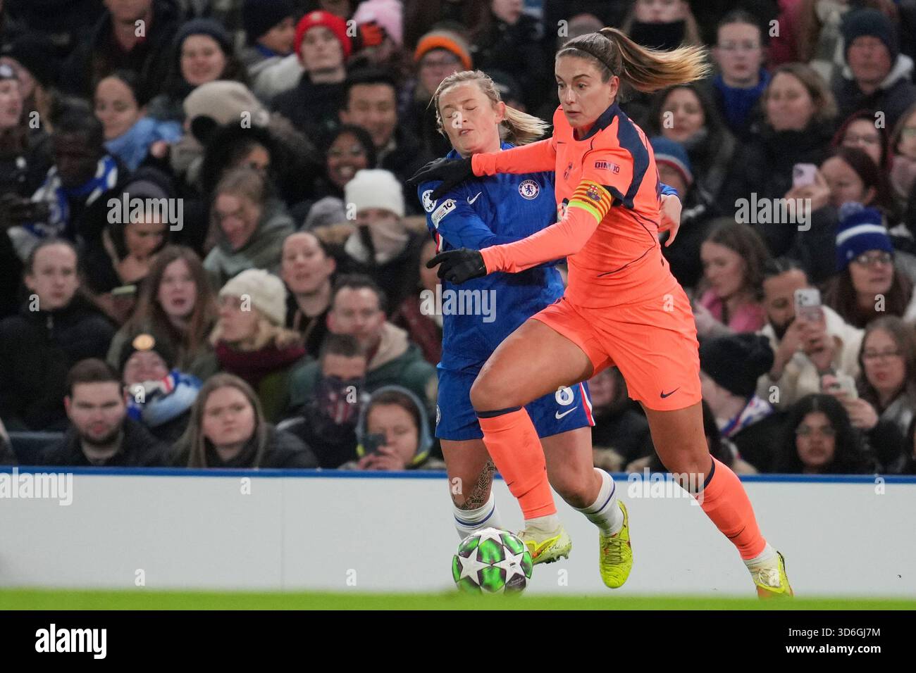 Chelsea's Erin Cuthbert, left, vies for the ball with Barcelona's ...