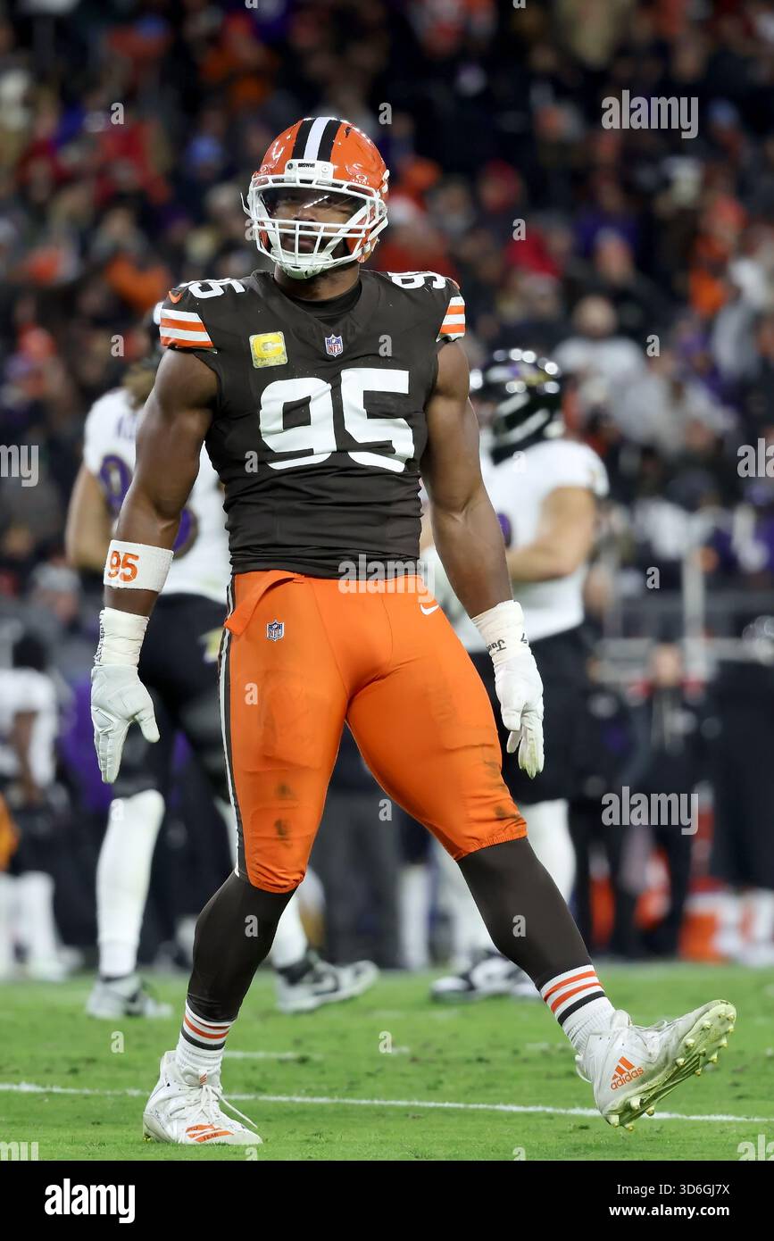 Cleveland Browns defensive end Myles Garrett (95) reacts after sacking Baltimore Ravens ...