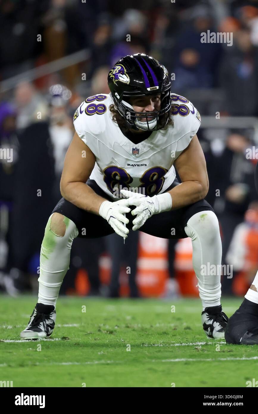Baltimore Ravens tight end Charlie Kolar (88) lines up for a play ...