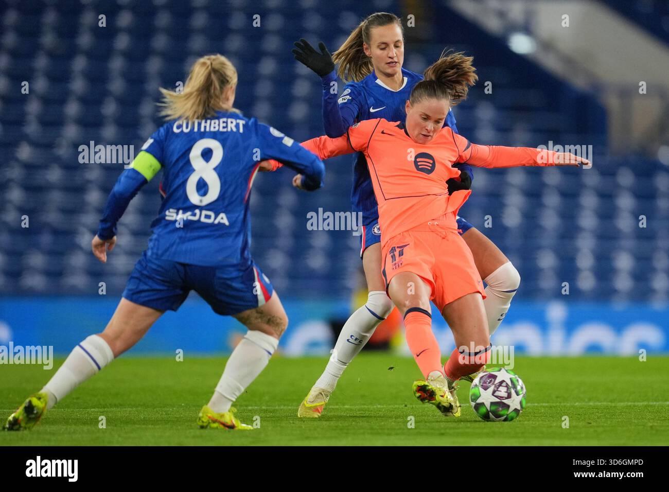 Chelsea's Nathalie Bjorn vies for the ball with Barcelona's Ewa Pajor ...