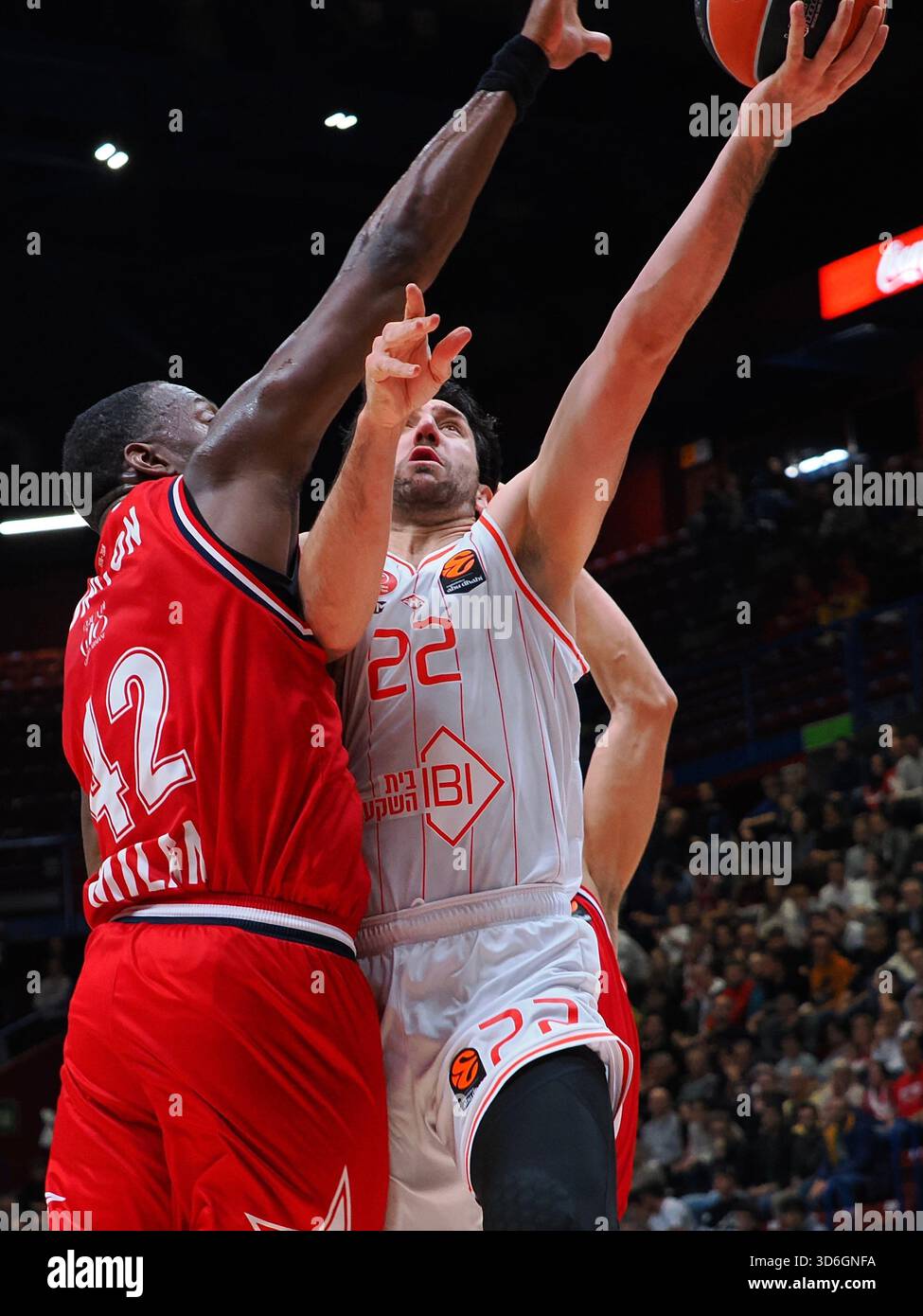 Vasilije Micic (Hapoel IBI Tel Aviv) thwarted by Ryant Dunston (EA7 ...