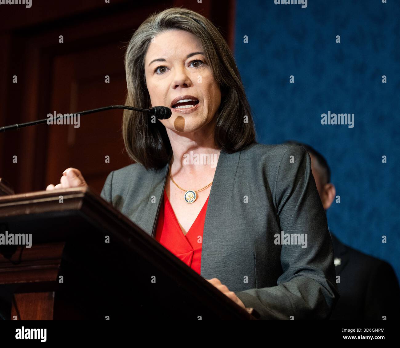 U.S. Representative Angie Craig (D-MN) speaking at a press conference ...