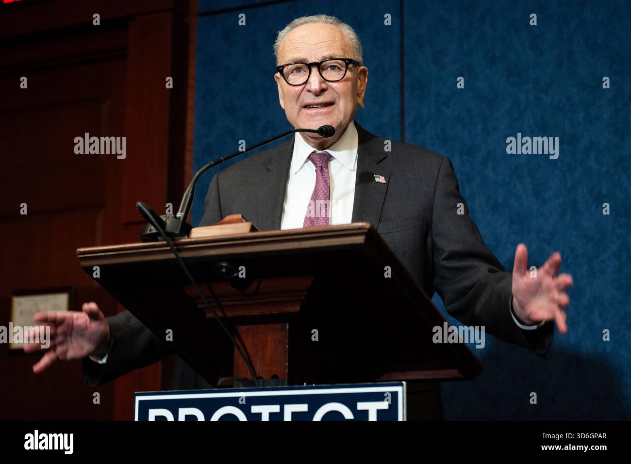 Senate Minority Leader Chuck Schumer (D-NY) speaking at a press conference at the U.S. Capitol ...