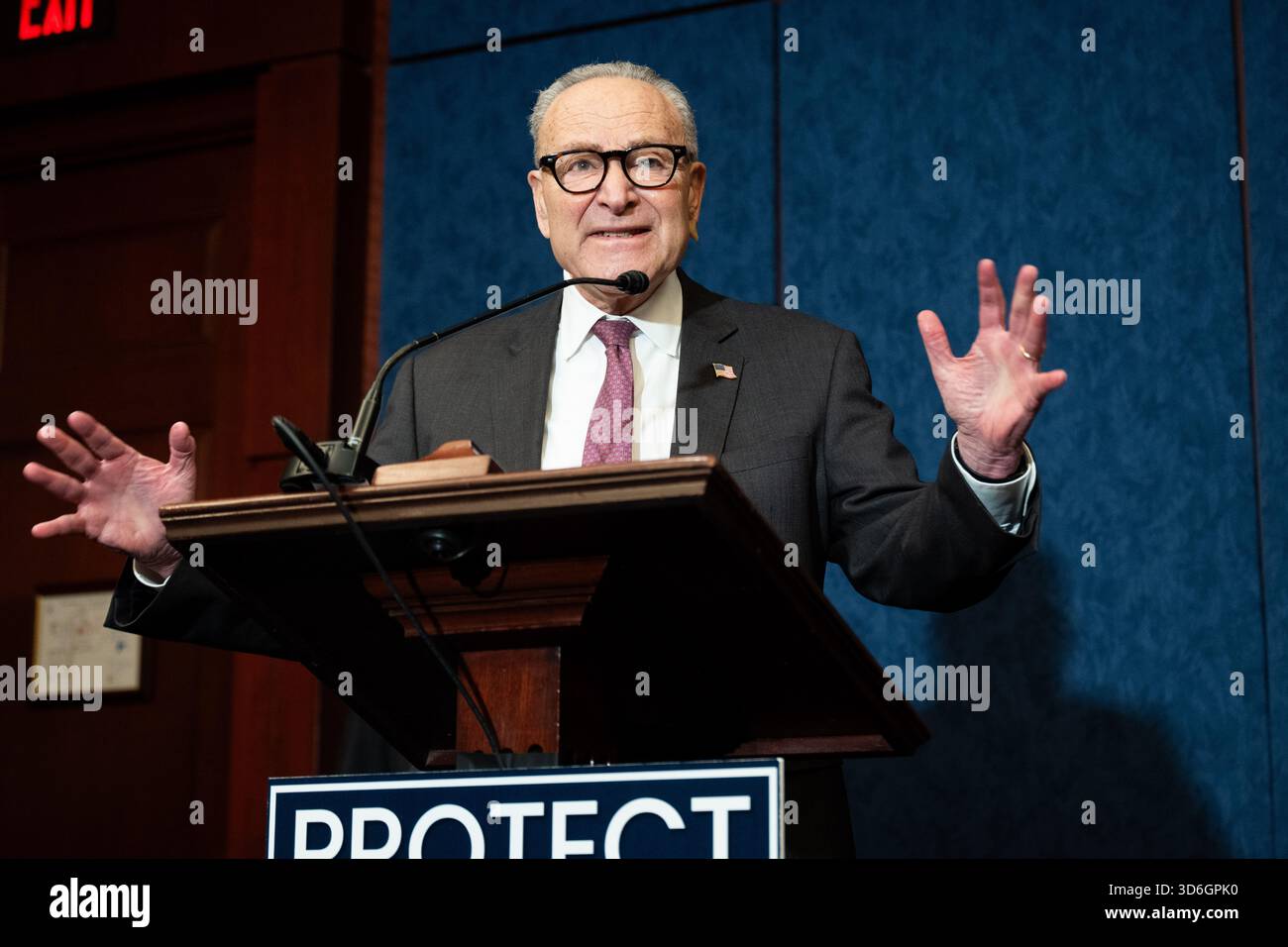 Senate Minority Leader Chuck Schumer (D-NY) speaking at a press conference at the U.S. Capitol ...