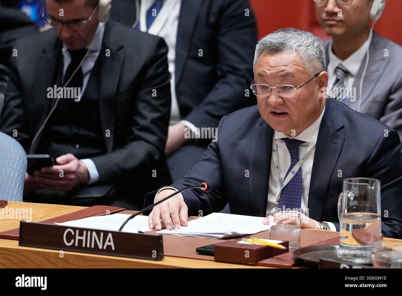 Chinese ambassador to the United Nations Fu Cong speaks during a Security Council meeting at ...