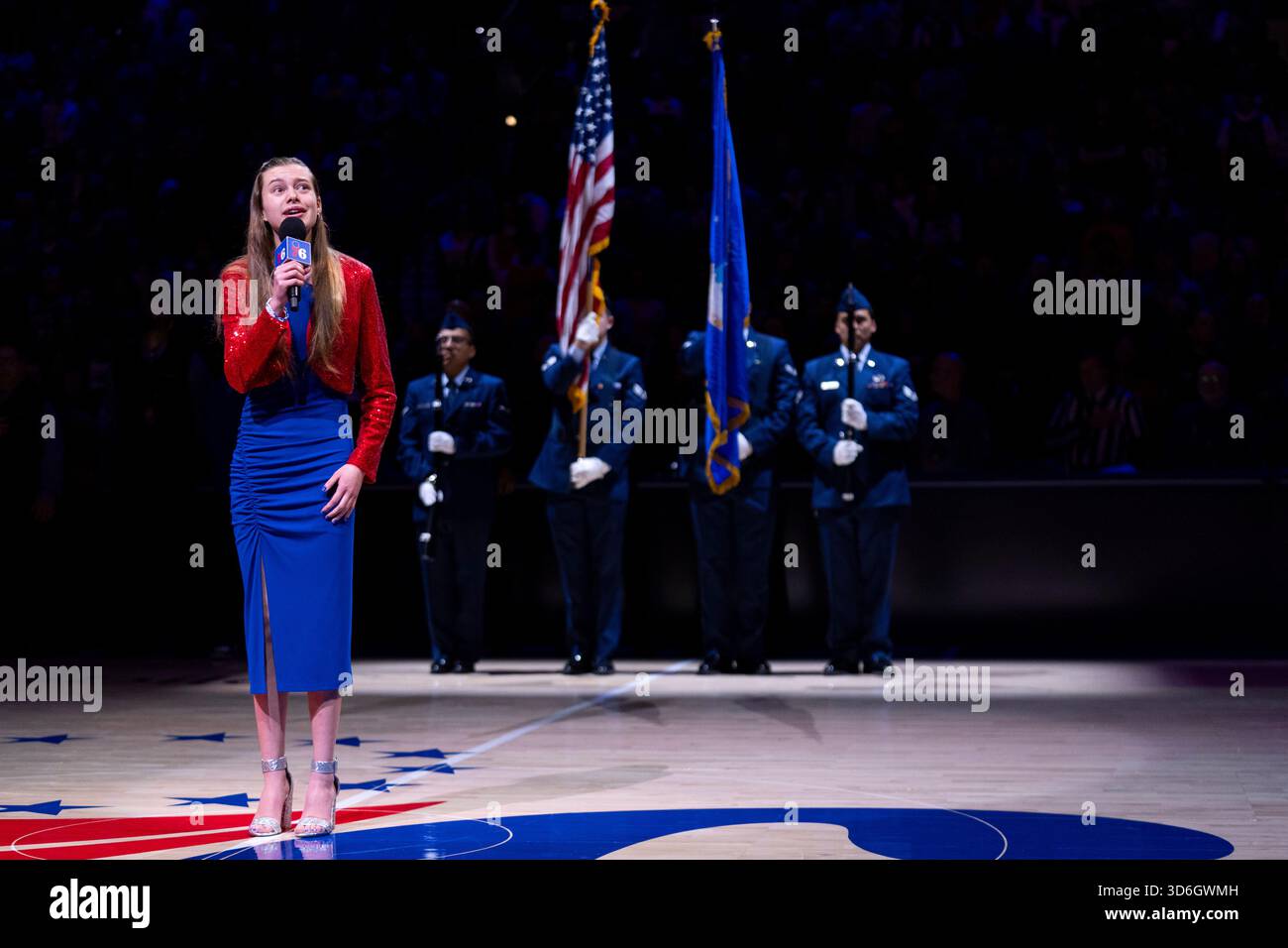 Adeline Csontos performs the National Anthem prior to an NBA basketball ...