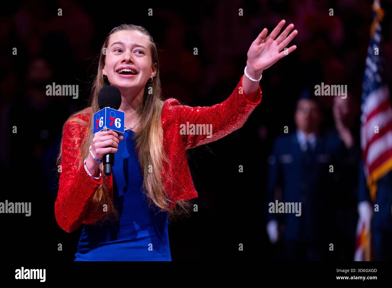 Adeline Csontos performs the National Anthem prior to an NBA basketball ...