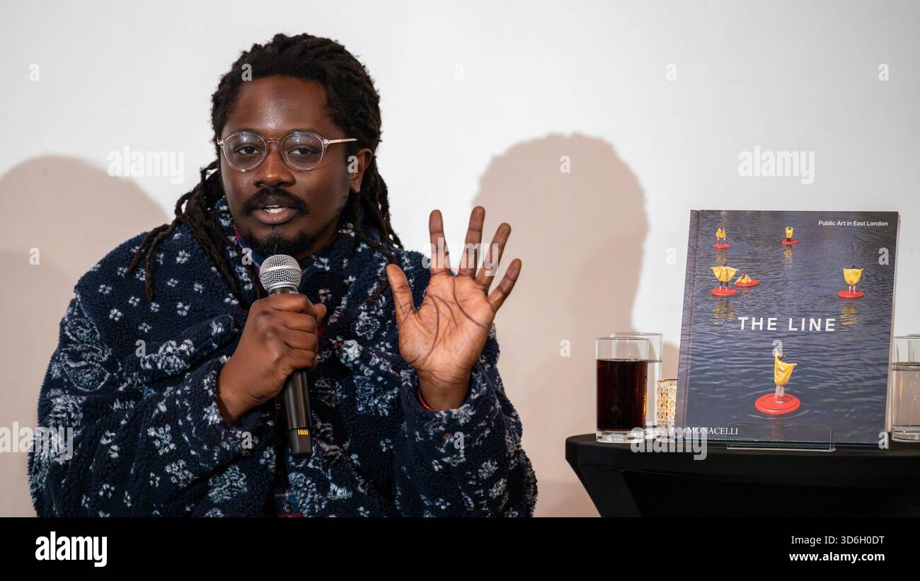London, UK. 20 November 2025. Artist Larry Achiampong speaks at the ...