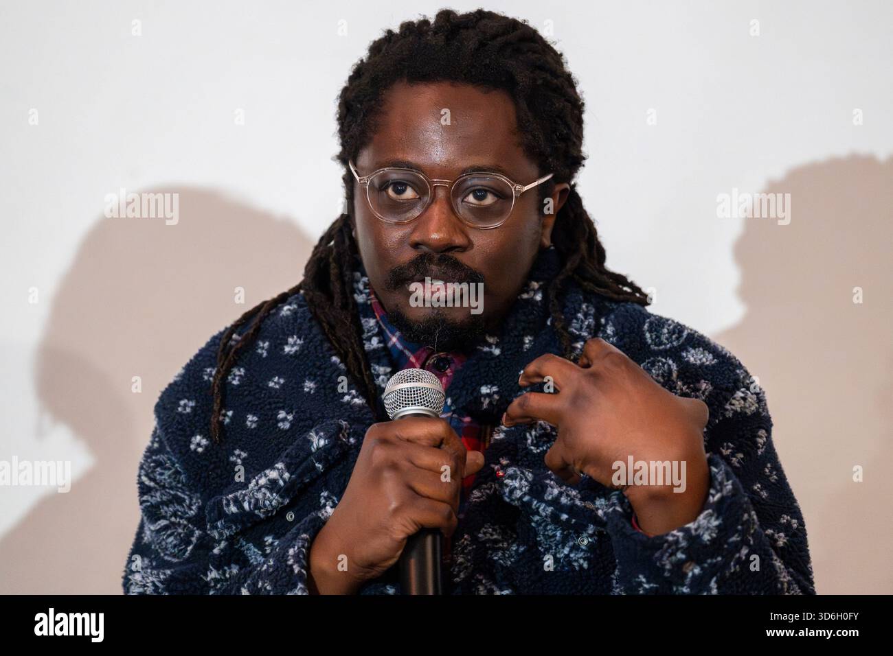 London, UK. 20 November 2025. Artist Larry Achiampong speaks at the ...