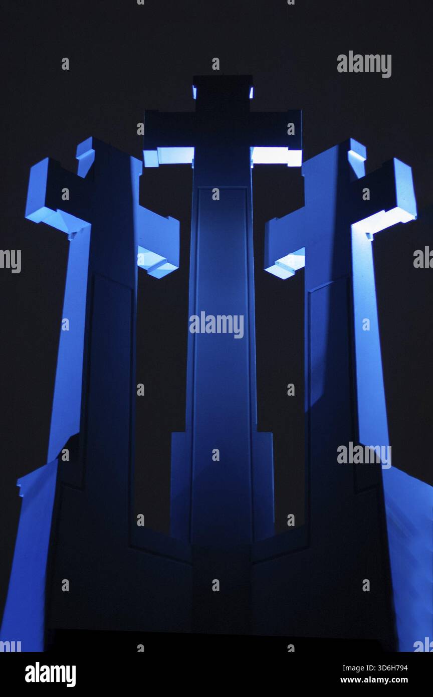 Three crosses monument at night with blue light in Vilnius, Lithuania ...