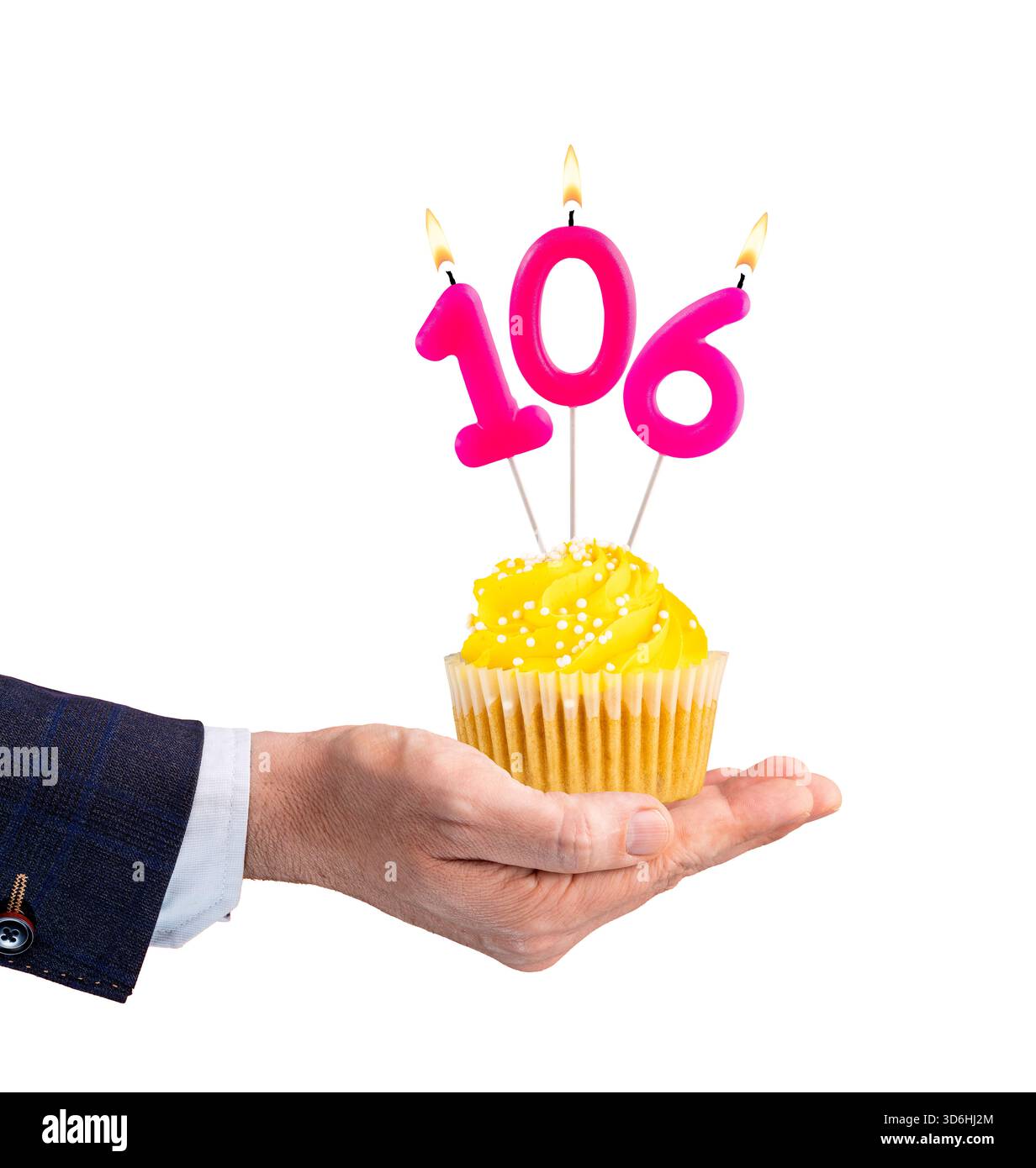 Hand handing a cupcake with a number 106 candle - Birthday on a white ...