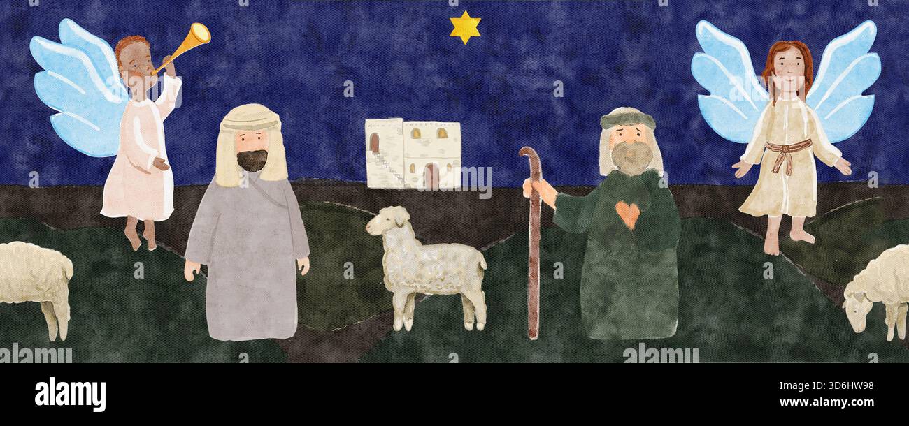 Nativity shepherds, angels, Bethlehem house and sheep. Hand-painted ...