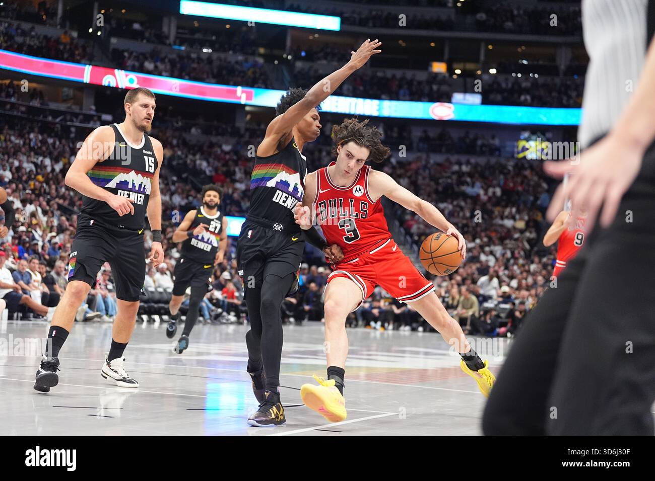 Chicago Bulls guard Josh Giddey (3) Denver Nuggets guard Peyton Watson ...