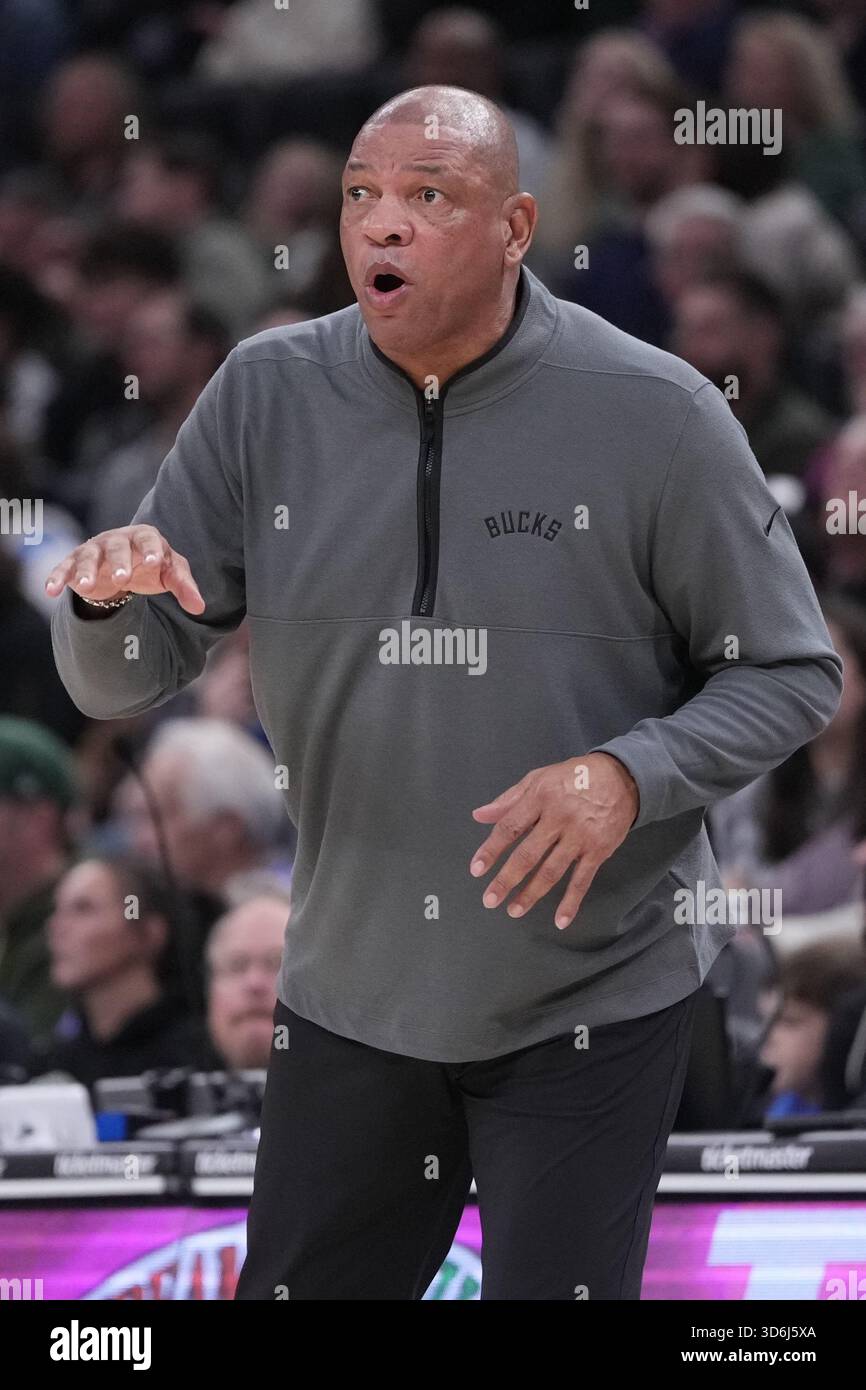 Milwaukee Bucks head coach Doc Rivers reacts during the first half of ...