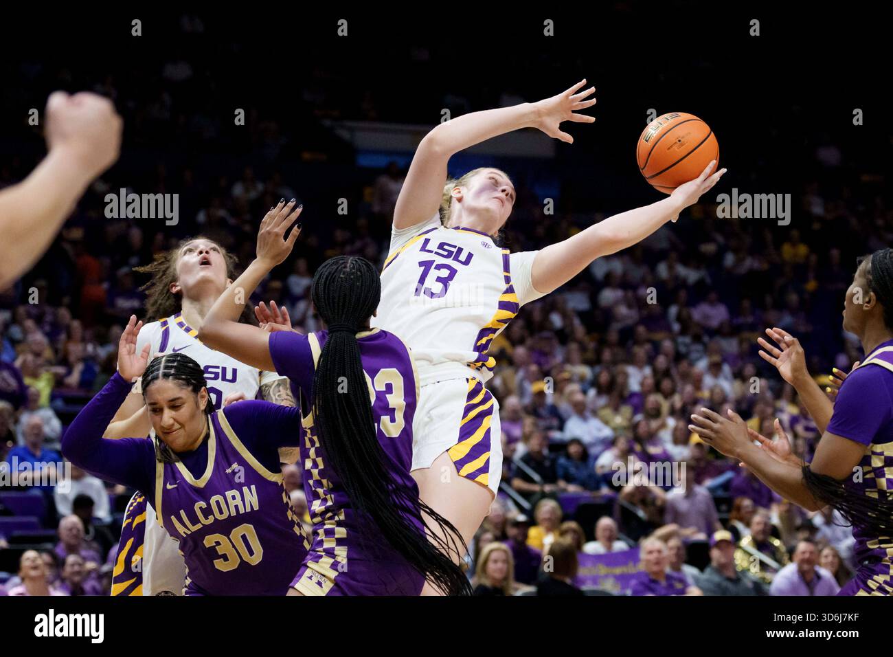 LSU forward Kate Koval (13) grabs a rebound against Alcorn State ...
