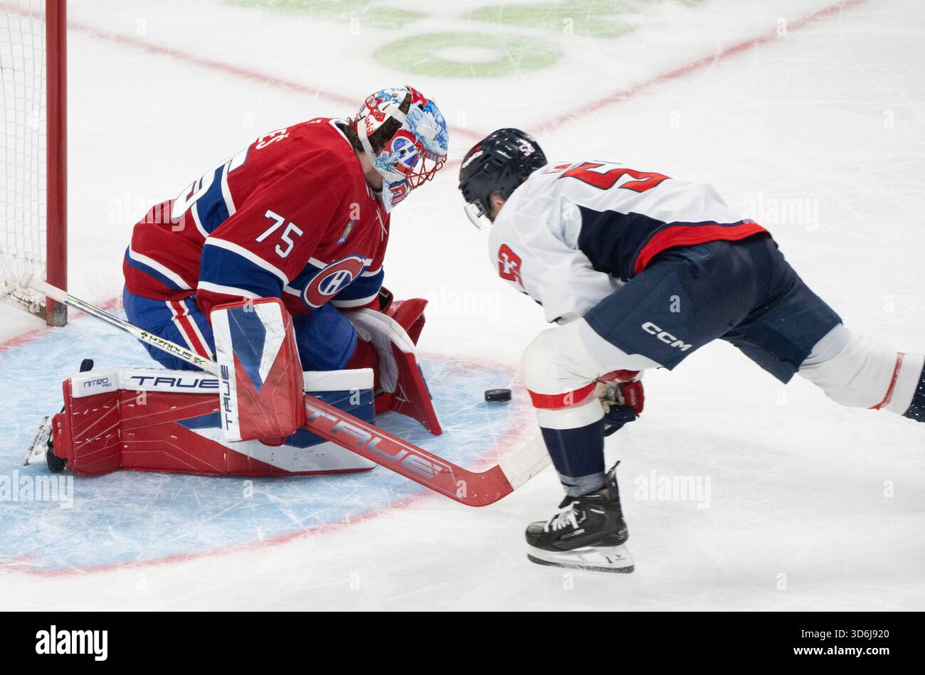 Montreal Canadiens goaltender Jakub Dobes (75) makes a save against ...