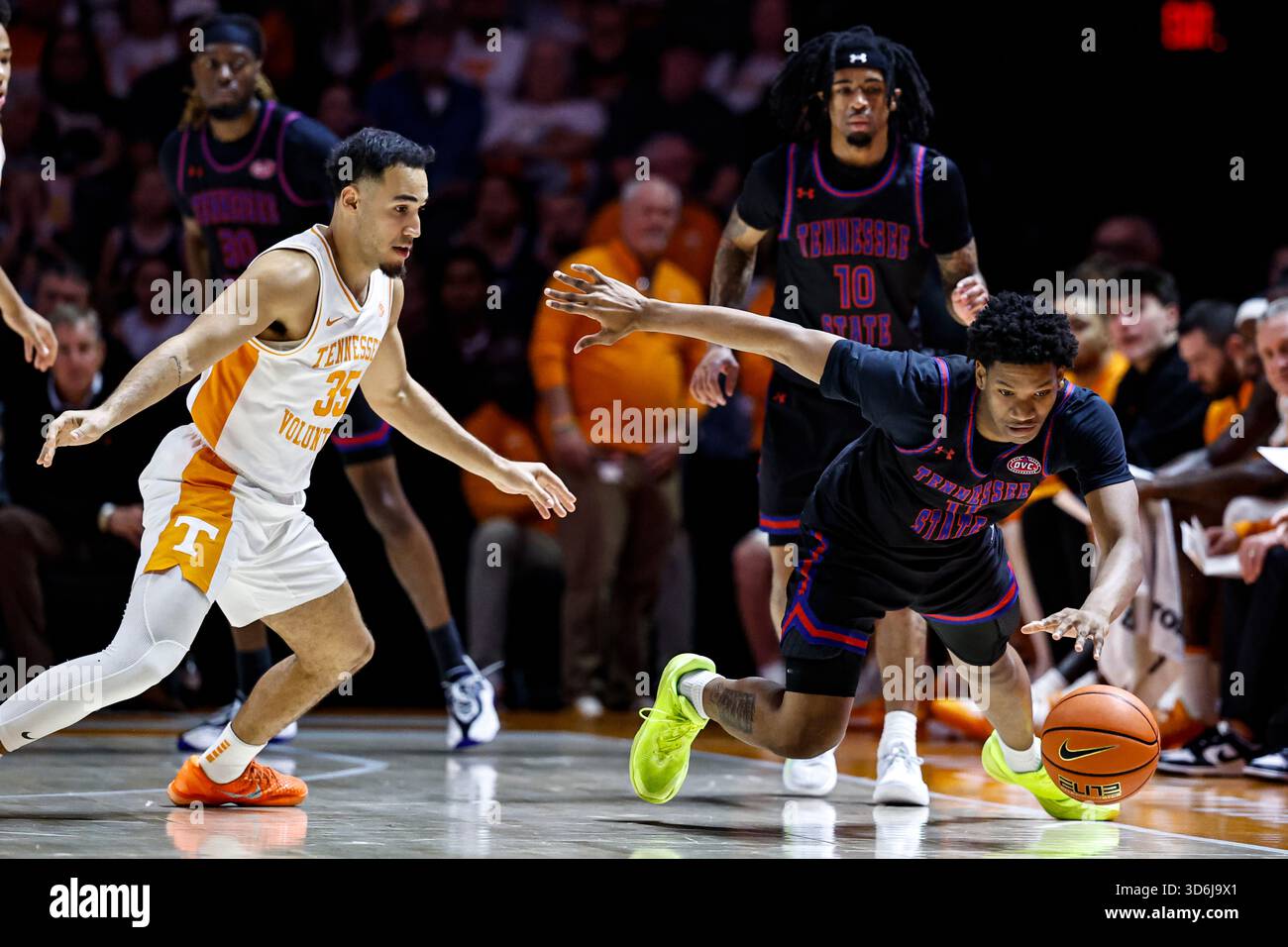 Tennessee State forward Antoine Lorick III (11) dives for the ball as ...