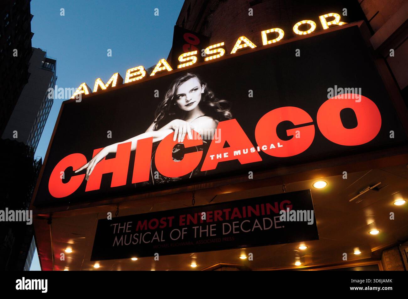 The sign for the Broadway musical, "Chicago," is seen on a theater in ...