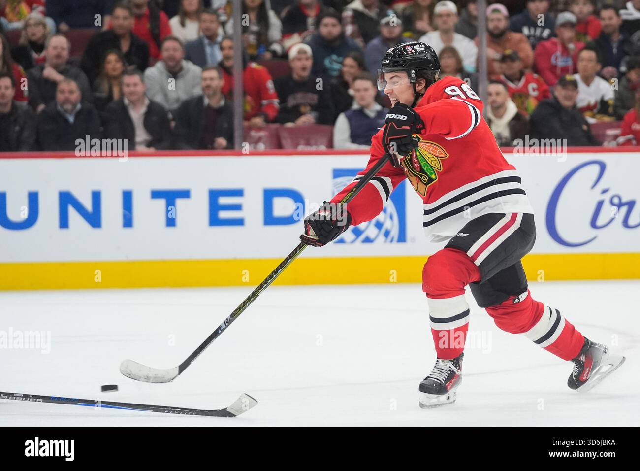 Chicago Blackhawks center Connor Bedard shoots during the second period ...