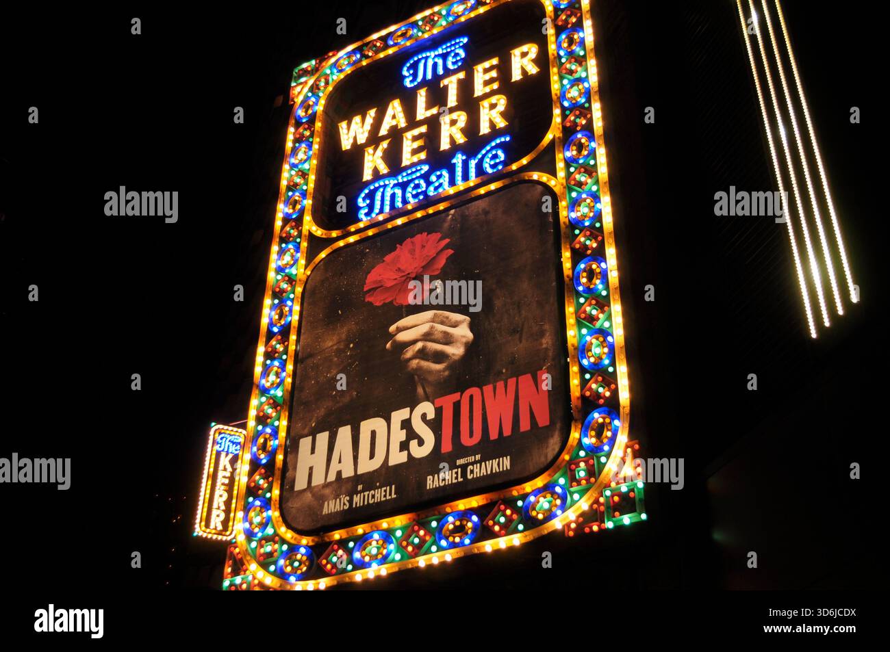 The sign for the Broadway musical, “Hadestown,” is seen on a theater in ...