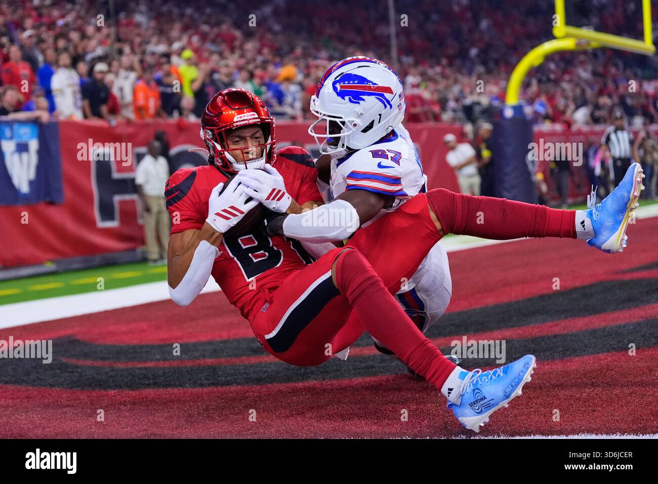 Houston Texans' Jayden Higgins catches a pass out-of-bounds as Buffalo ...