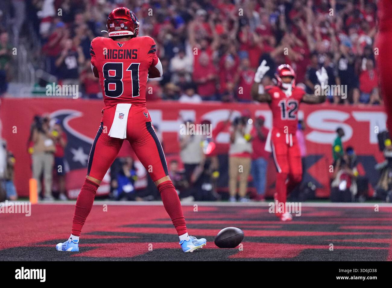 Houston Texans' Jayden Higgins (81) celebrates his touchdown catch in ...