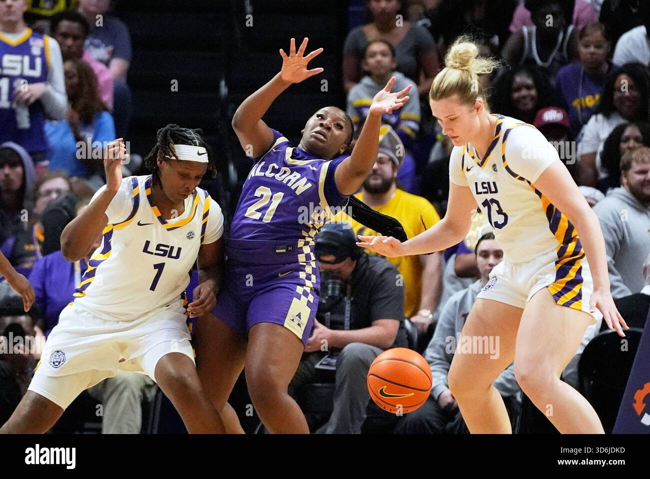 Alcorn State guard Frances Anyakudo (21) battles for the ball against ...