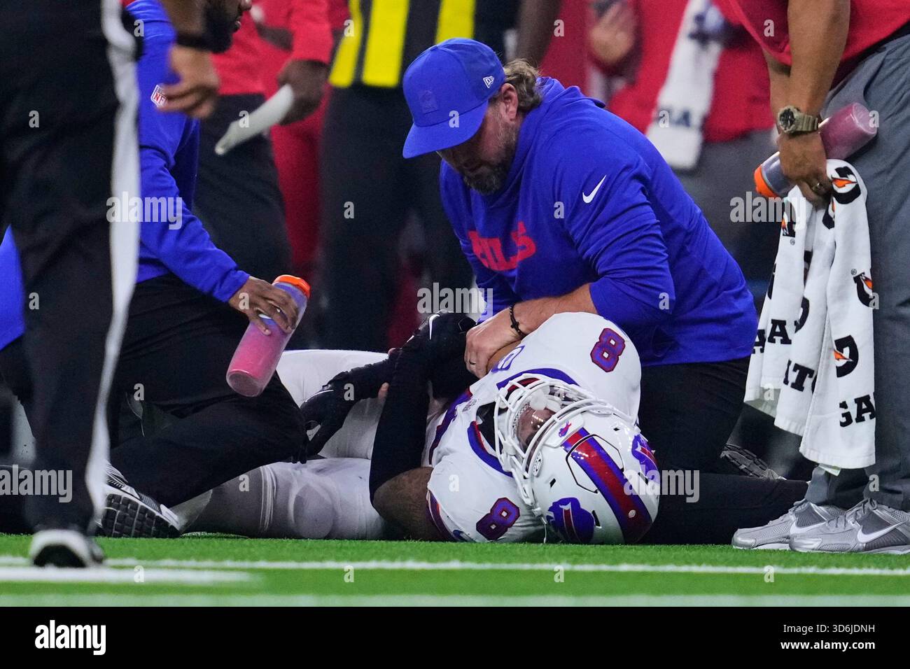Buffalo Bills linebacker Terrel Bernard (8) is attended to by medical ...