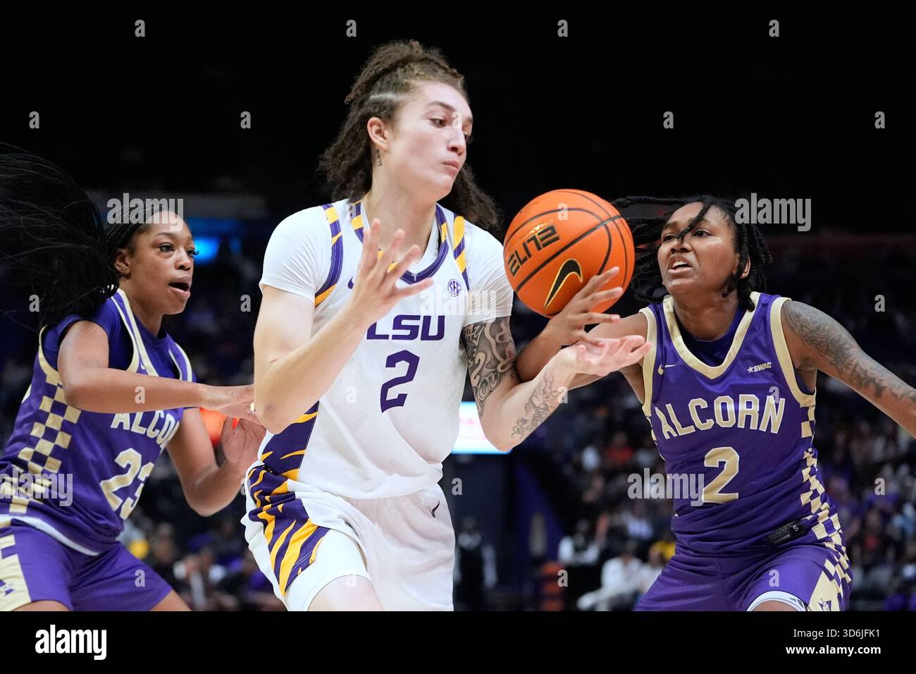 LSU forward Grace Knox (2) tries to control the ball between Alcorn ...