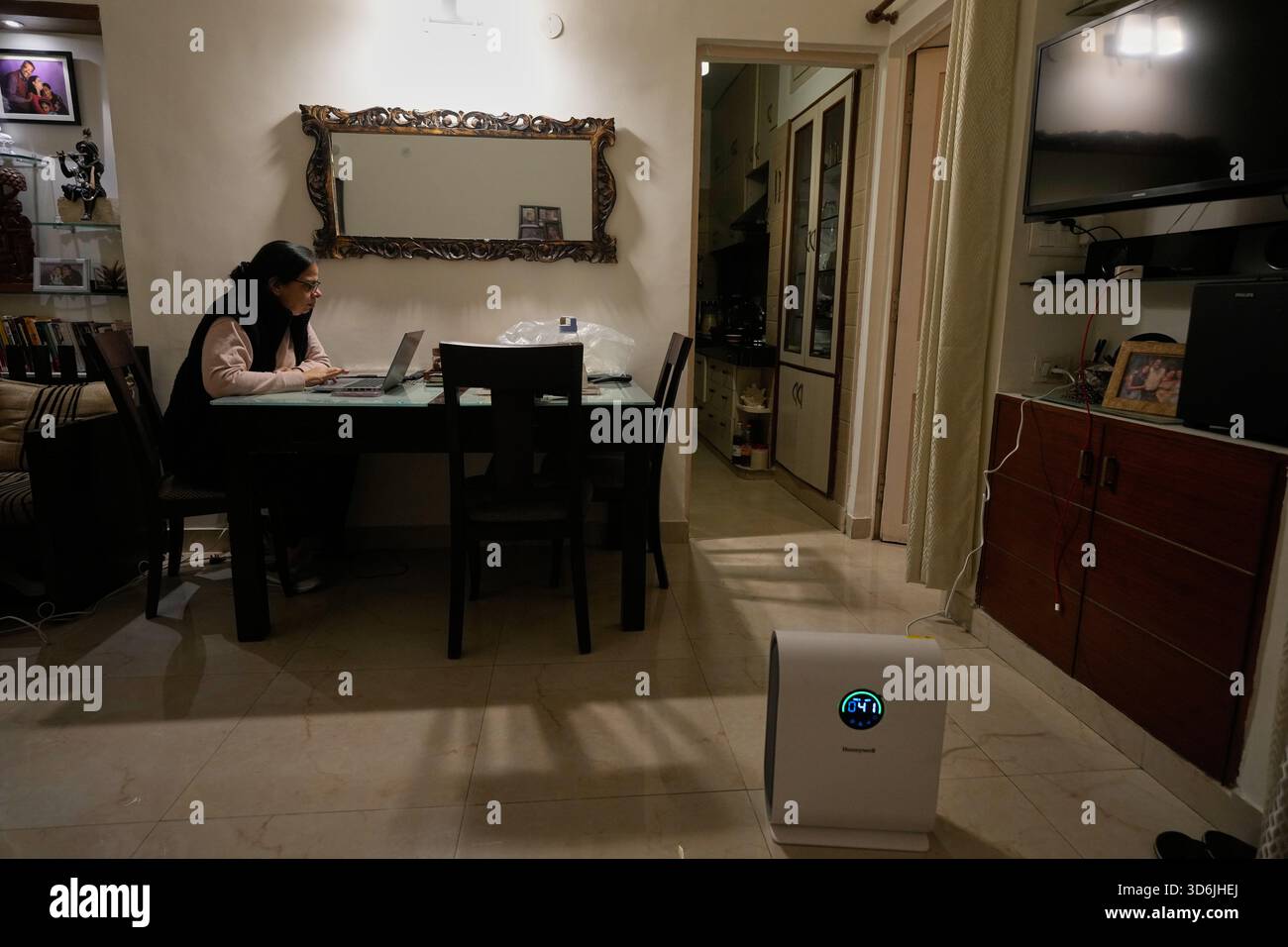 Renuka Jasra, 54, uses an air purifier while working from home in New ...