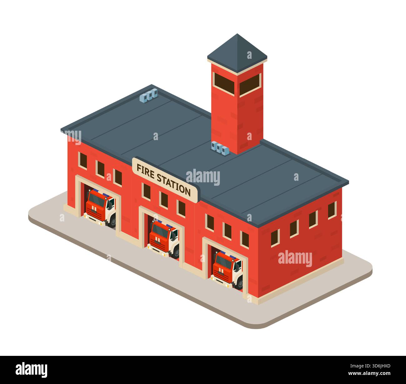 Isometric fire station building with fire trucks. Vector illustration ...
