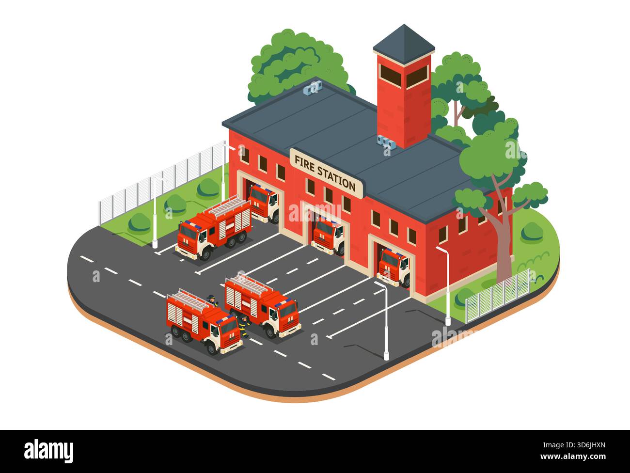 Isometric fire station with fire trucks and firefighters. Emergency ...