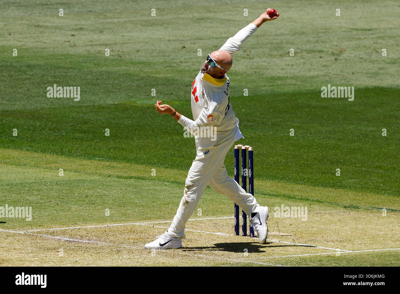 Nathan Lyon of Australia bowls his spin delivery day one of the First ...