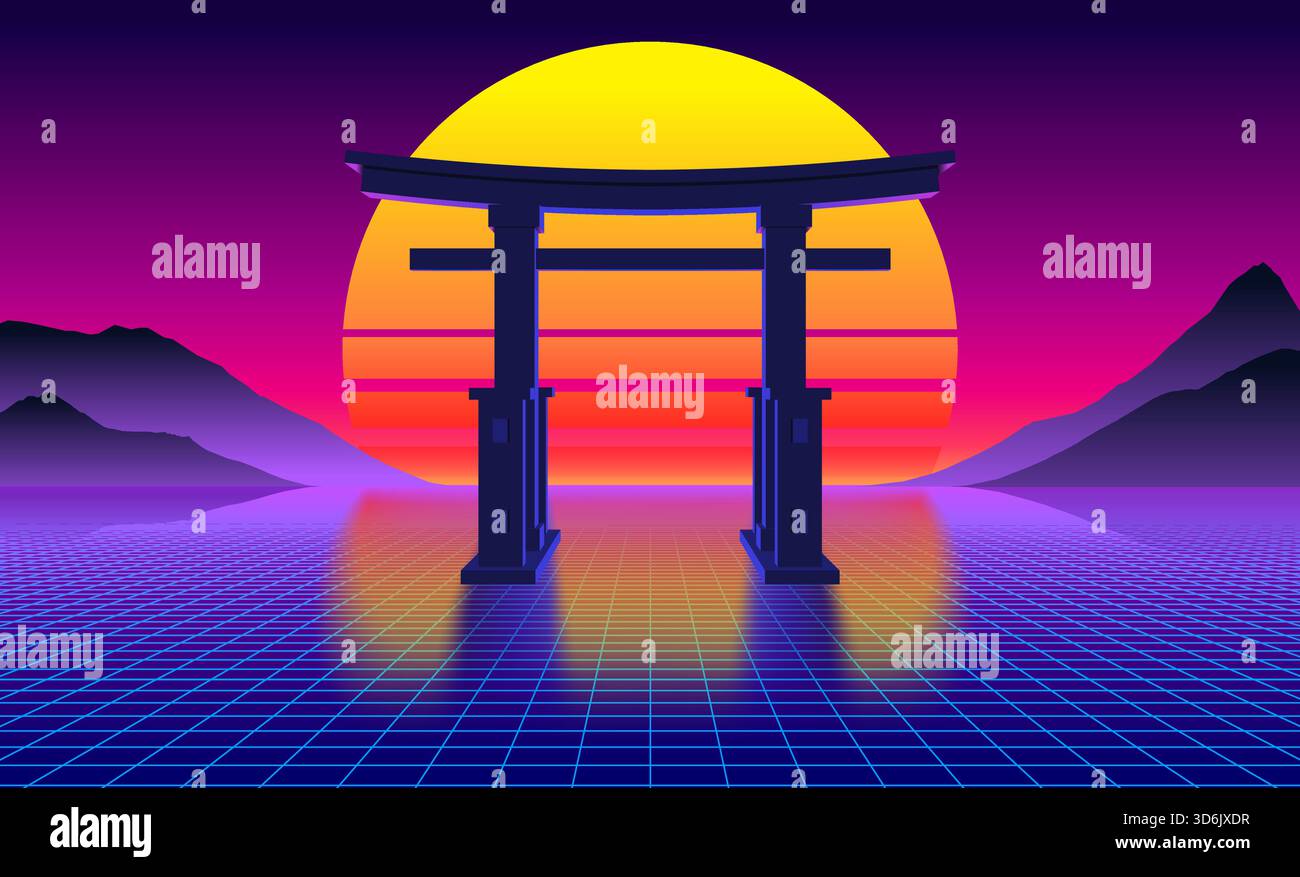 Synthwave Japanese torii gate with grid landscape and neon vaporwave ...