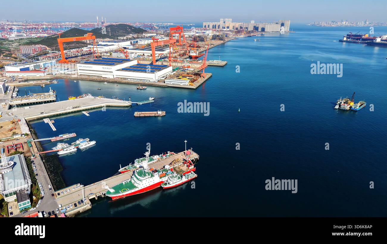 Aerial photo shows the Haixi Bay ship-building base in Qingdao City ...