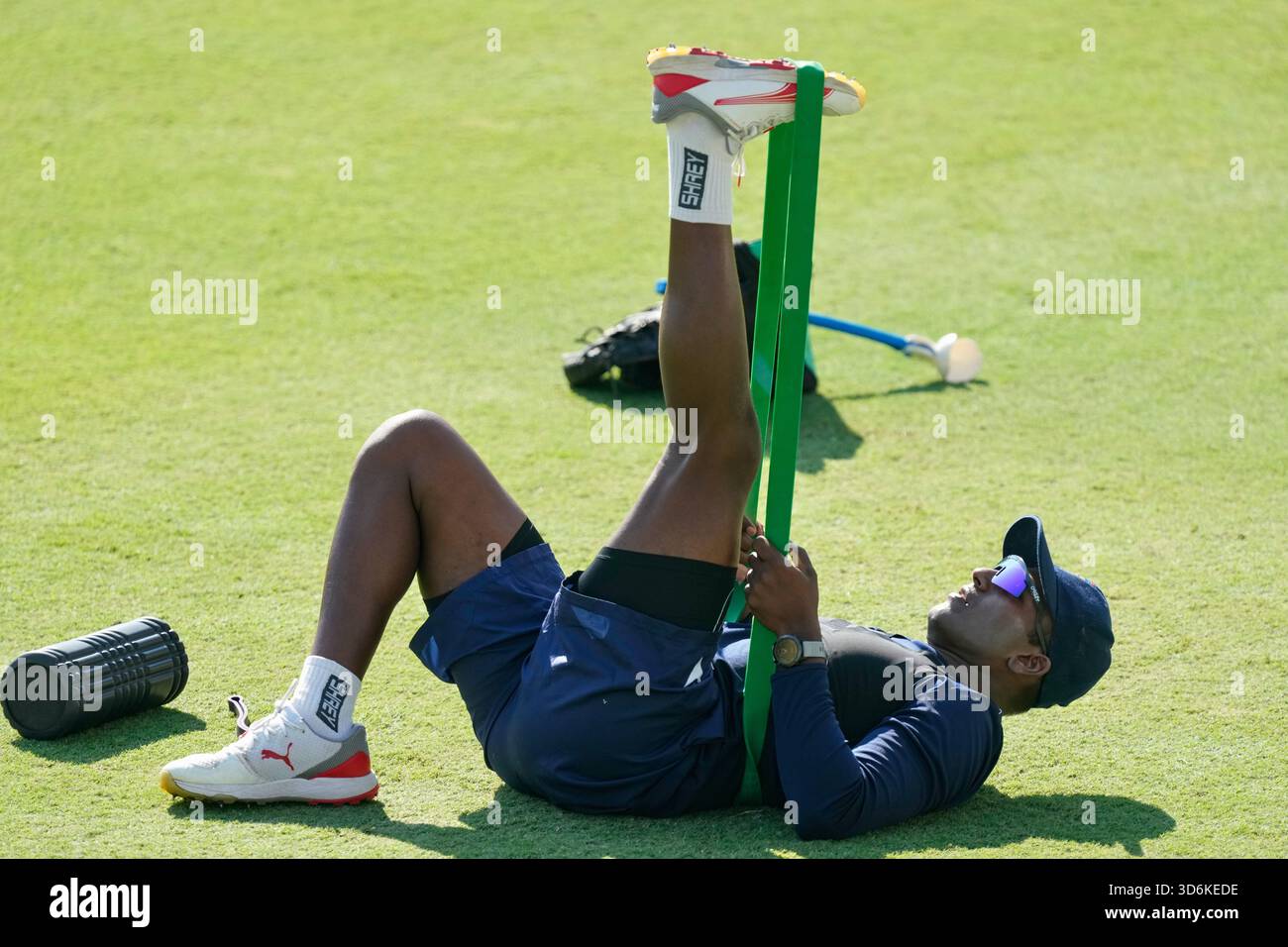 South Africa's Senuran Muthusamy works out during a practice session ...