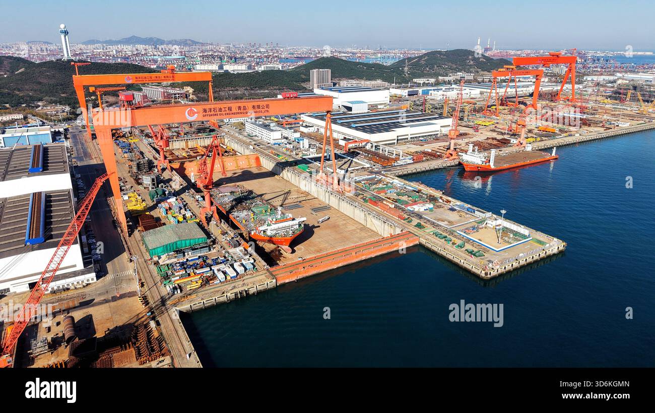 Aerial photo shows the Haixi Bay ship-building base in Qingdao City ...