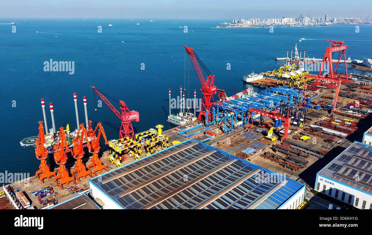 Aerial photo shows the Haixi Bay ship-building base in Qingdao City ...