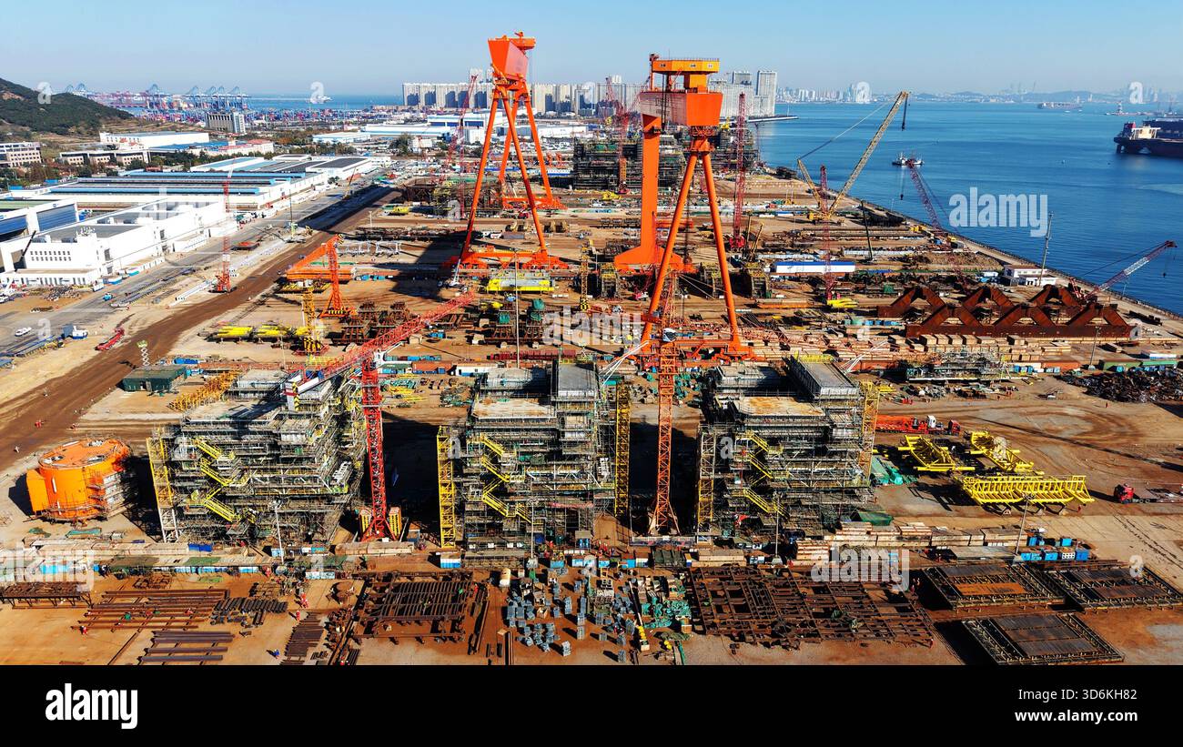 Aerial photo shows the Haixi Bay ship-building base in Qingdao City ...