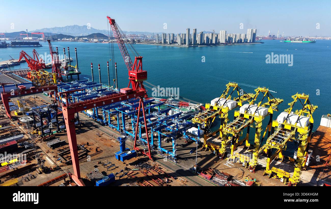 Aerial photo shows the Haixi Bay ship-building base in Qingdao City ...