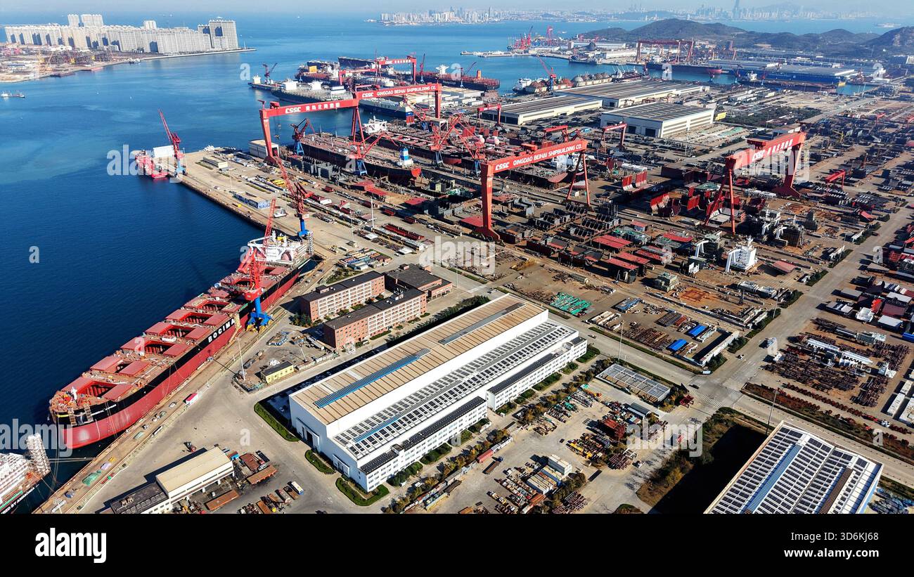 Aerial photo shows the Haixi Bay ship-building base in Qingdao City ...
