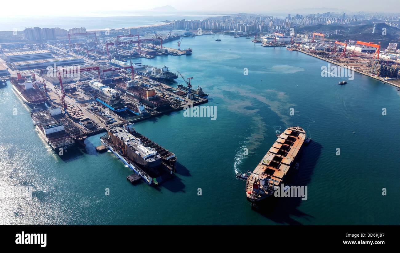 Aerial photo shows the Haixi Bay ship-building base in Qingdao City ...