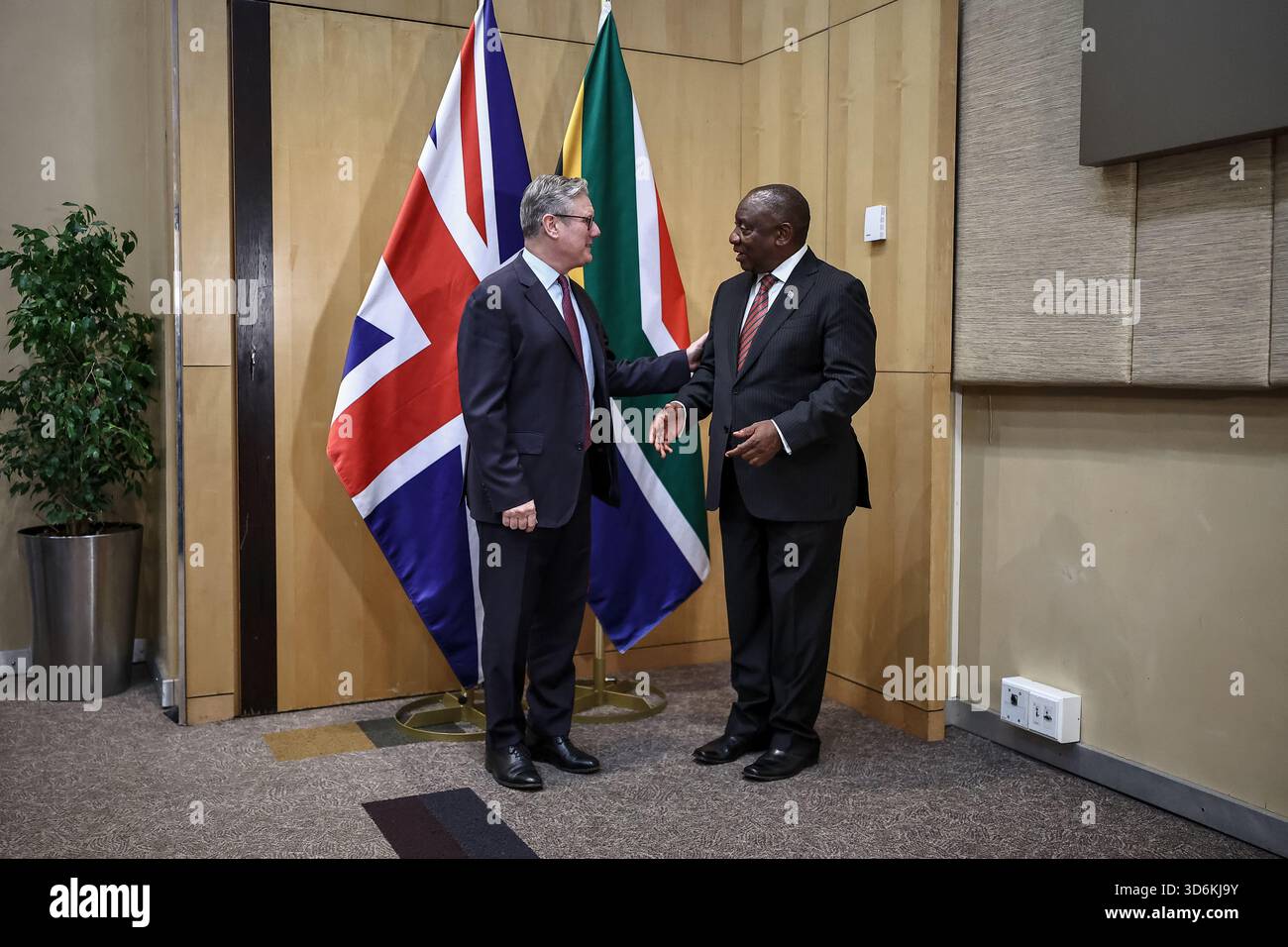 Prime Minister Sir Keir Starmer (left) is greeted by South Africa's ...